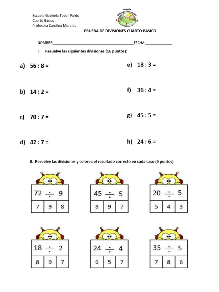Prueba de Divisiones Cuarto Básico | PDF