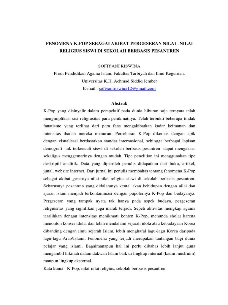 Jurnal Fenomena K-Pop Sebagai Akibat Pergeseran Nilai - Nilai Religius Siswi Di Sekolah Berbasis ...