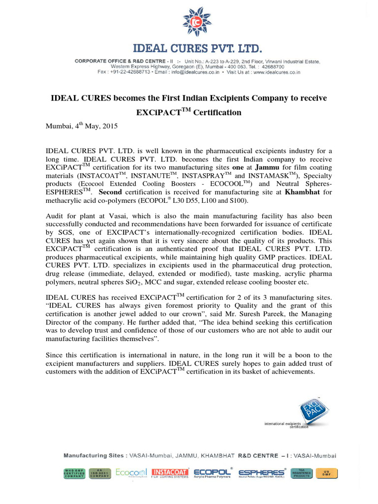 Ideal Cures Receives EXCiPACT Certification | PDF | Tablet (Pharmacy ...