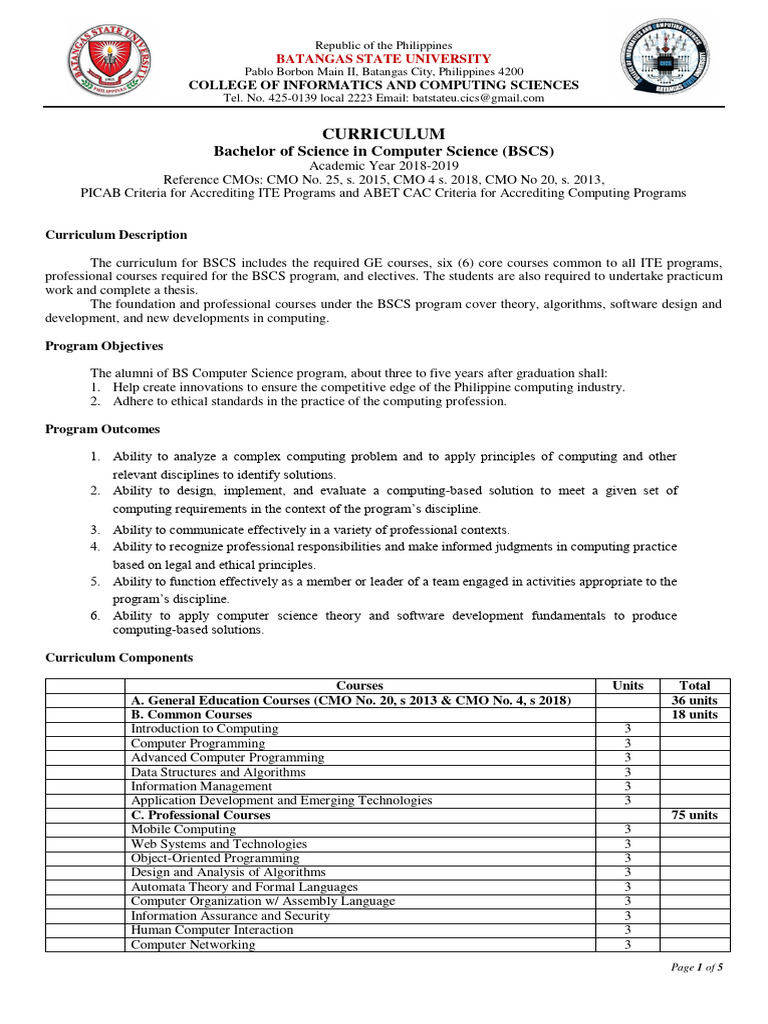 Bachelor of Science in Computer Science BSCS | PDF | Computing ...