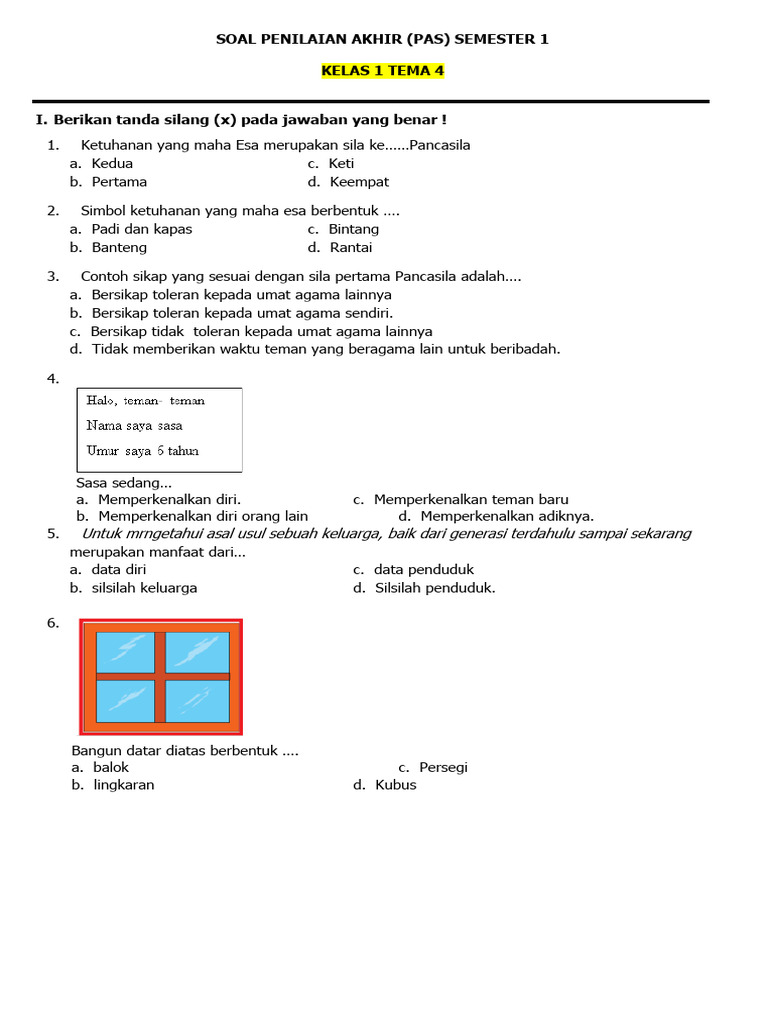 Soal PAS Kelas 1 Sem 1 - TEMA 4 | PDF