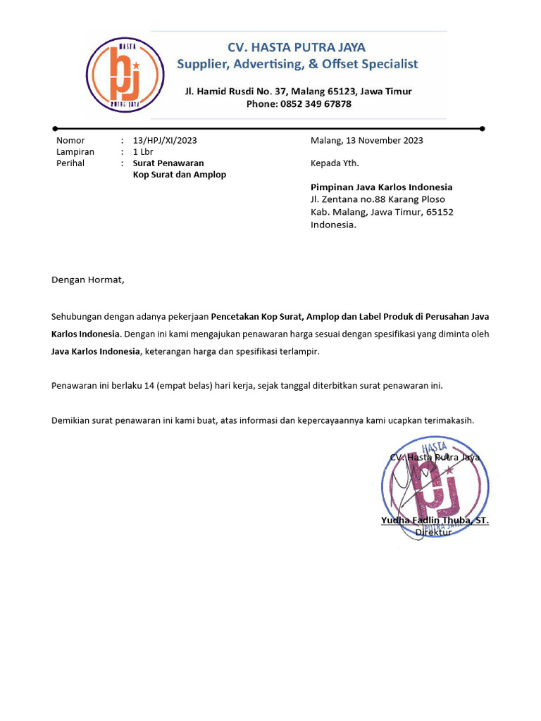 Surat Penawaran Java Karlos (Kop Surat, Amplop) - 1 | PDF