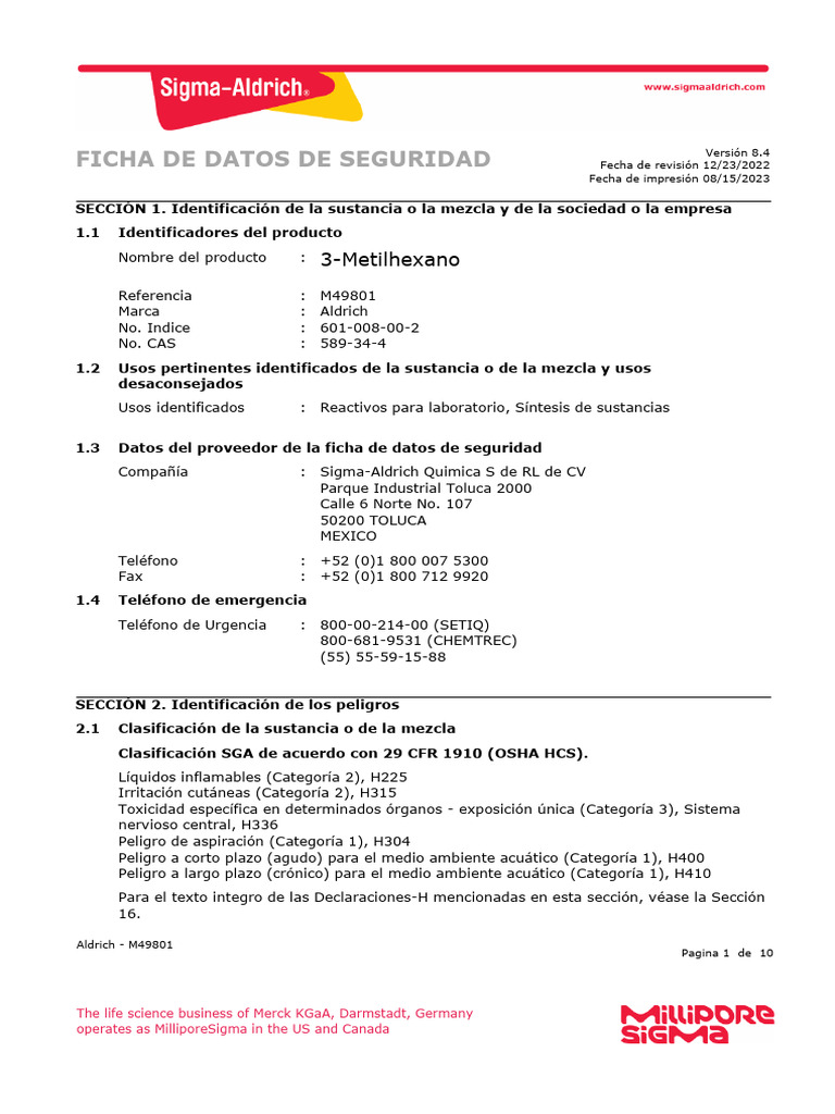 Ficha de Seguridad: 3-Metilhexano M49801 | PDF | Toxicología | Química