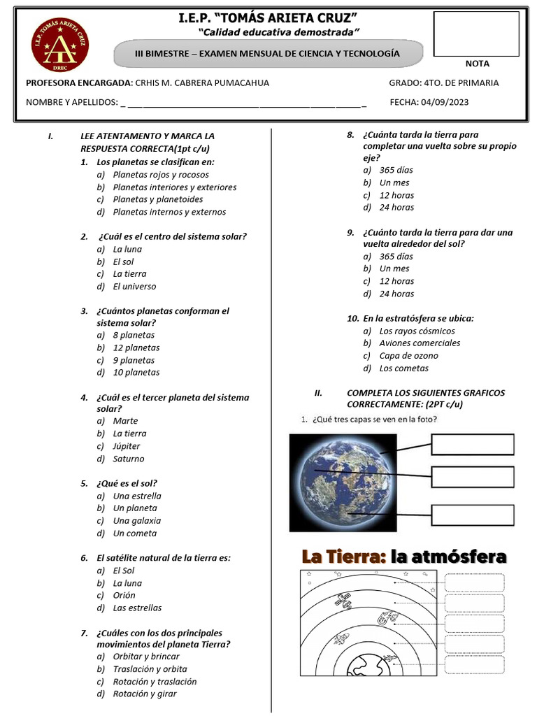 Examen de Ciencia y Tecnología 4to Grado | PDF | Atmósfera de tierra ...