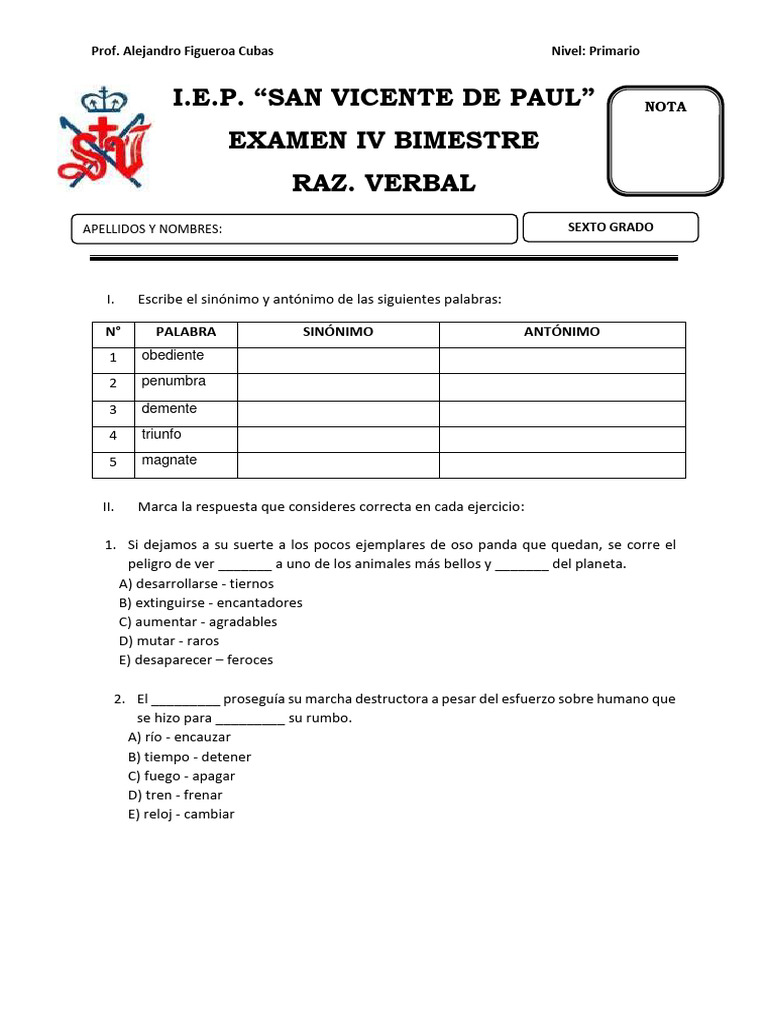 Examen de Raz. Verbal (Sexto Grado) | PDF