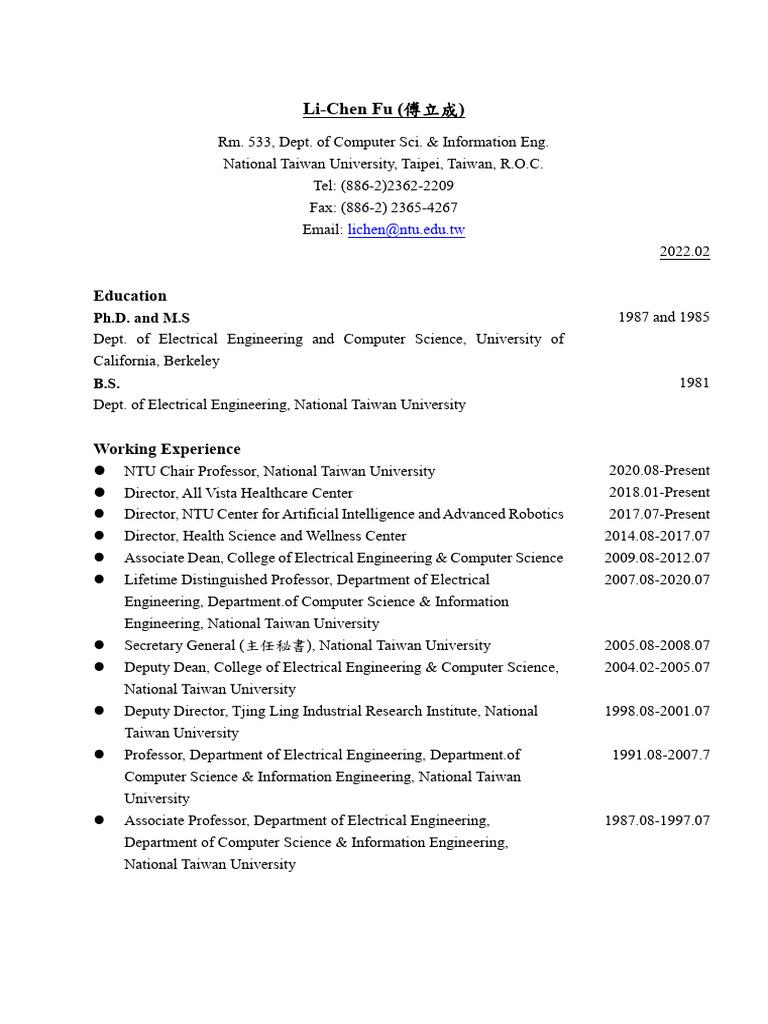 CV Li-Chen Fu 20231121 1 | Download Free PDF | Robotics | Robot