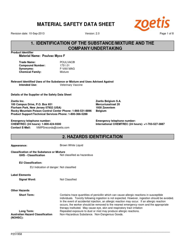 Poulvac Myco F SDS | PDF | Occupational Safety And Health | Labor Relations