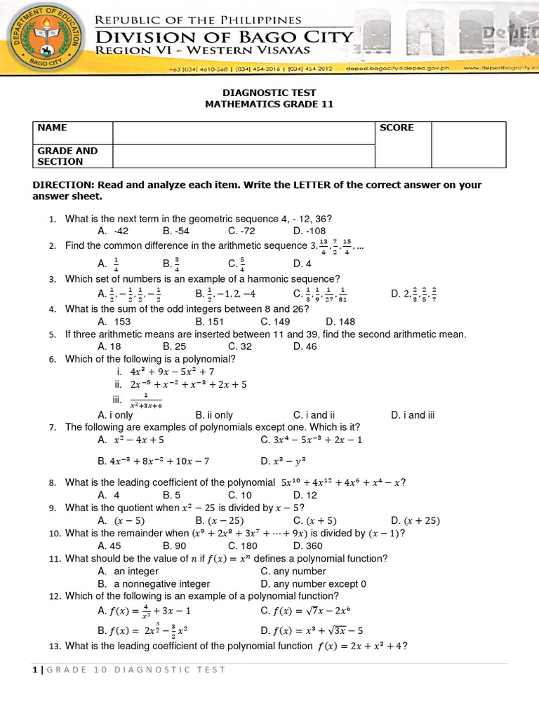 Grade 11-Diagnostic Test | PDF | Circle | Angle