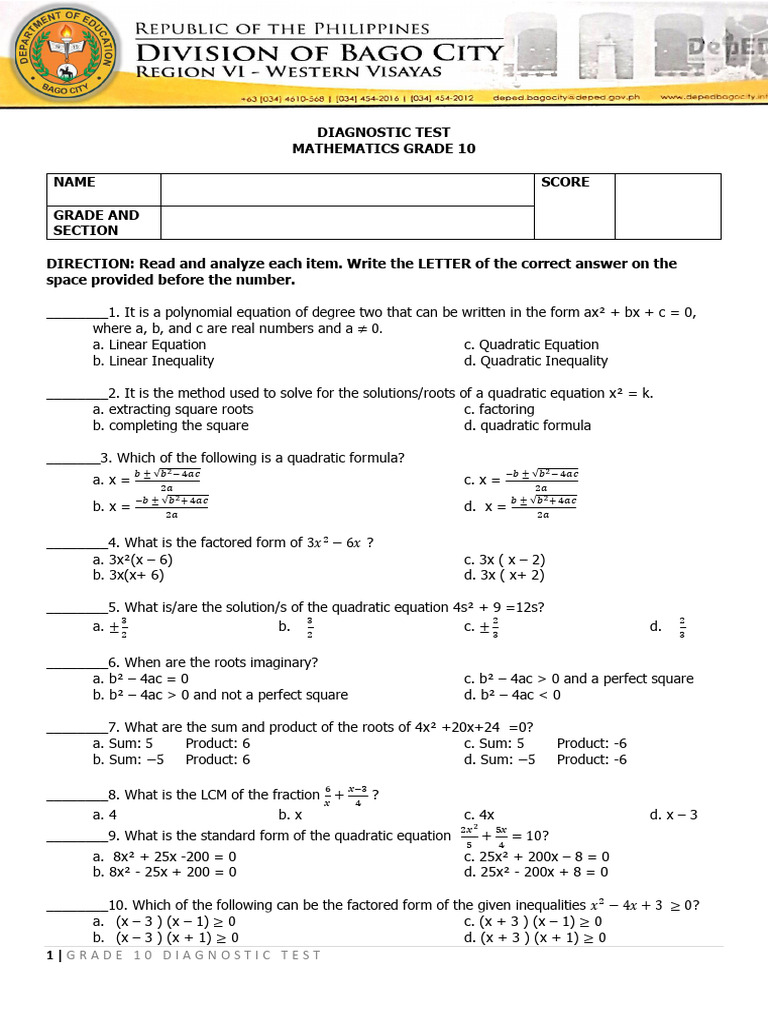 Grade 10-Diagnostic Test | PDF | Quadratic Equation | Numerical Analysis