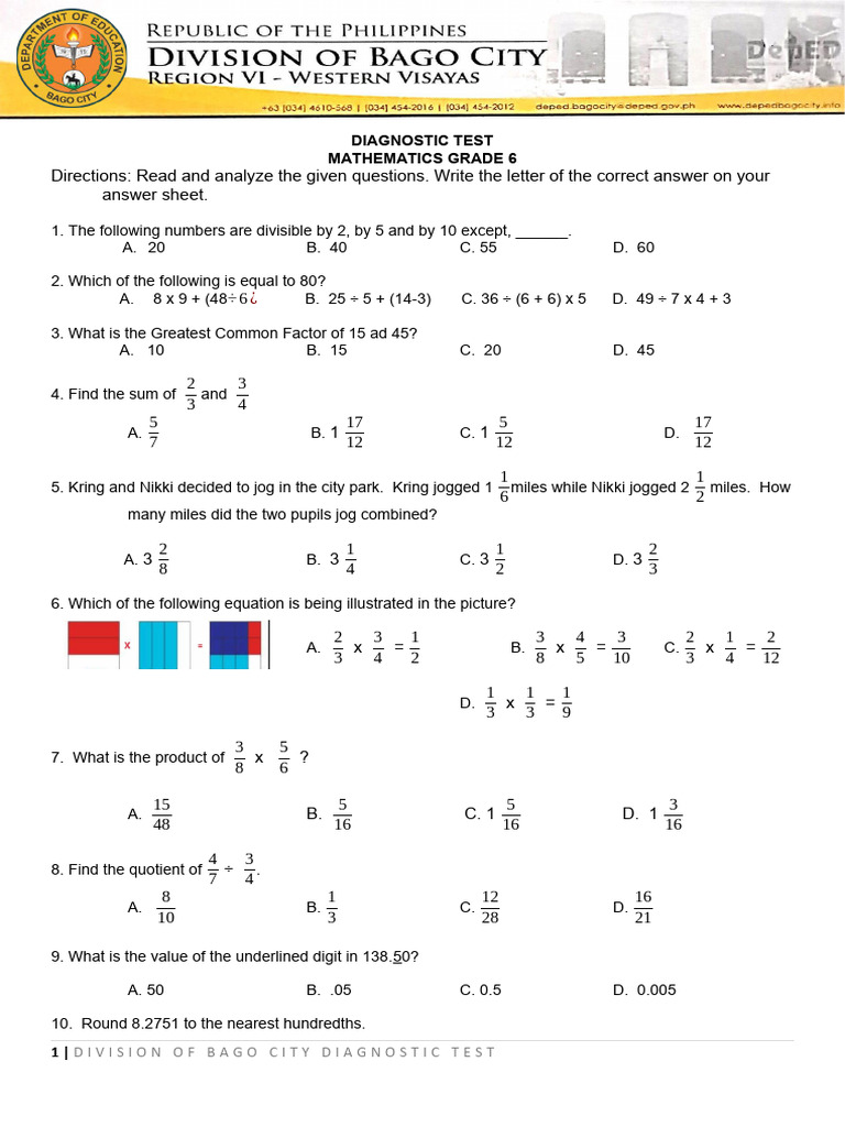 Grade 6 Diagnostic Test | PDF | Numbers | Ratio