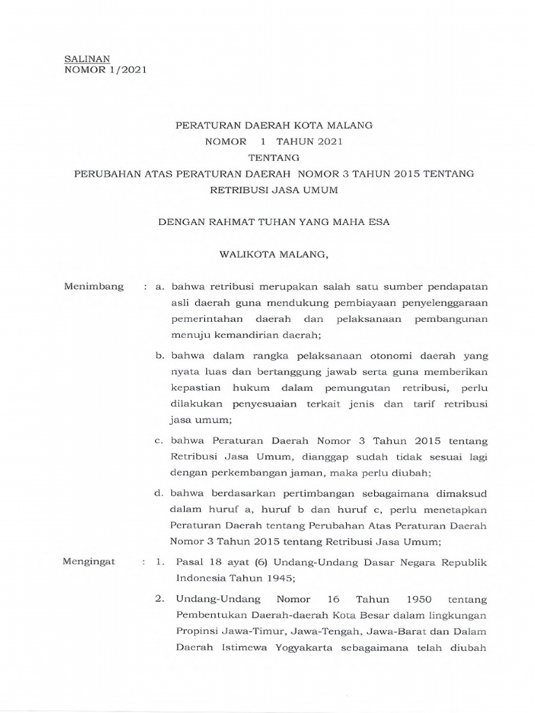 Perda 1 Tahun 2021 Retribusi Jasa Umum Kota Malang | PDF