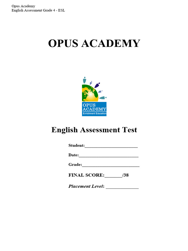 Esl Grade 4 English Assessment Test 2023 04 13 Pdf