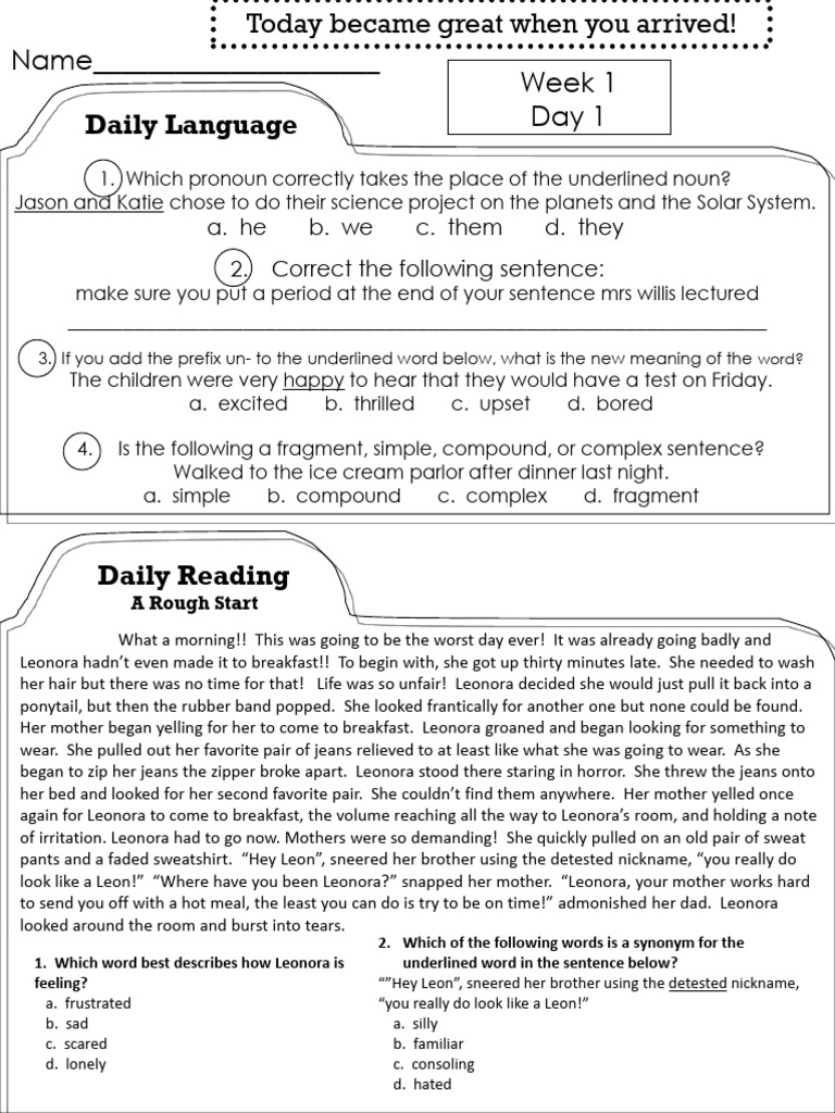 Week 1 Morning Work | PDF | Word | Grammar