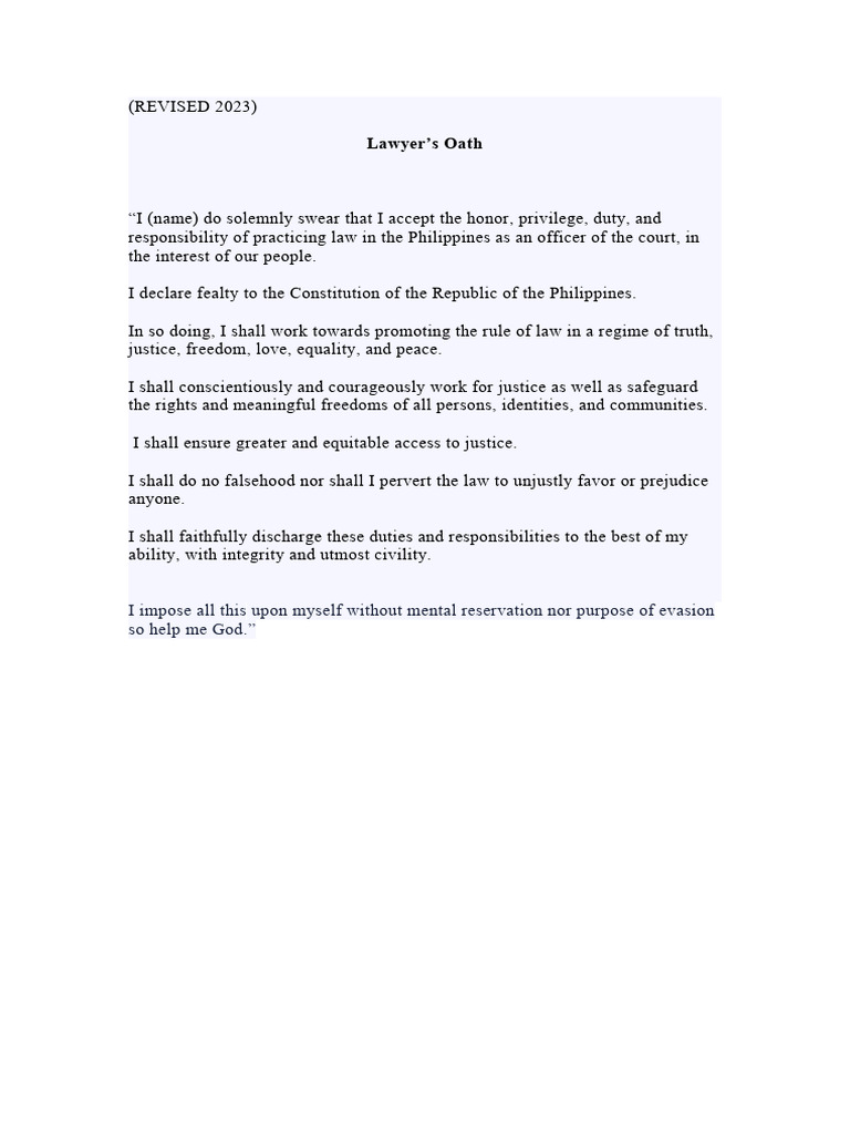 Revised Lawyer's Oath 2023 Philippines | PDF | Social Science | Law
