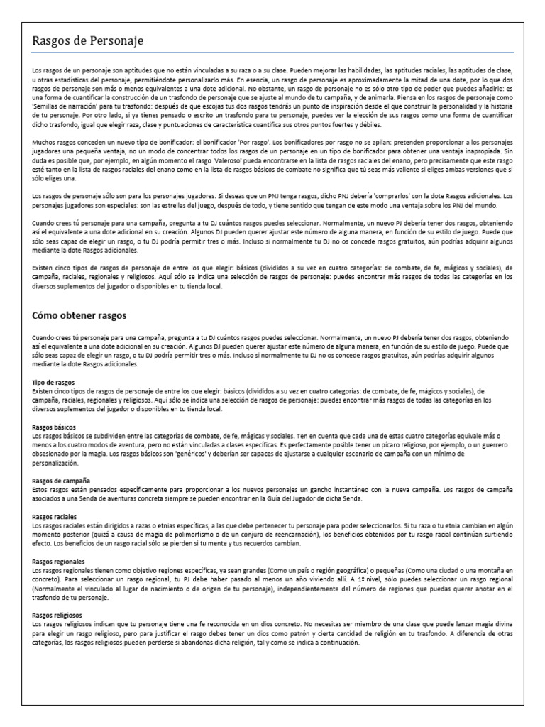 Rasgos de Personaje | PDF | Raza (categorización humana) | Dios
