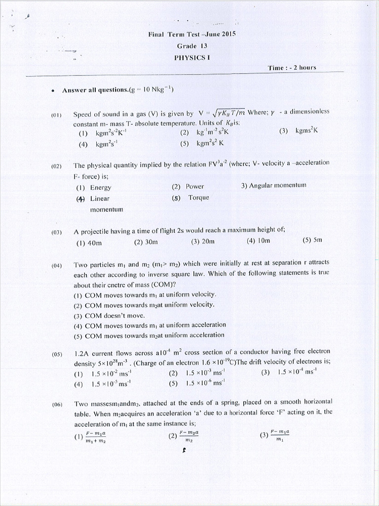 Grade 13 Physics 3rd Term Test Paper With Answers 2015 Visakha ...