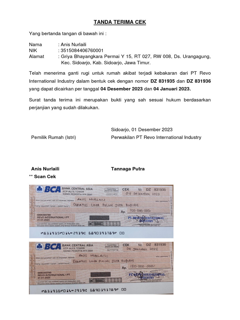 Tanda Terima Cek | PDF