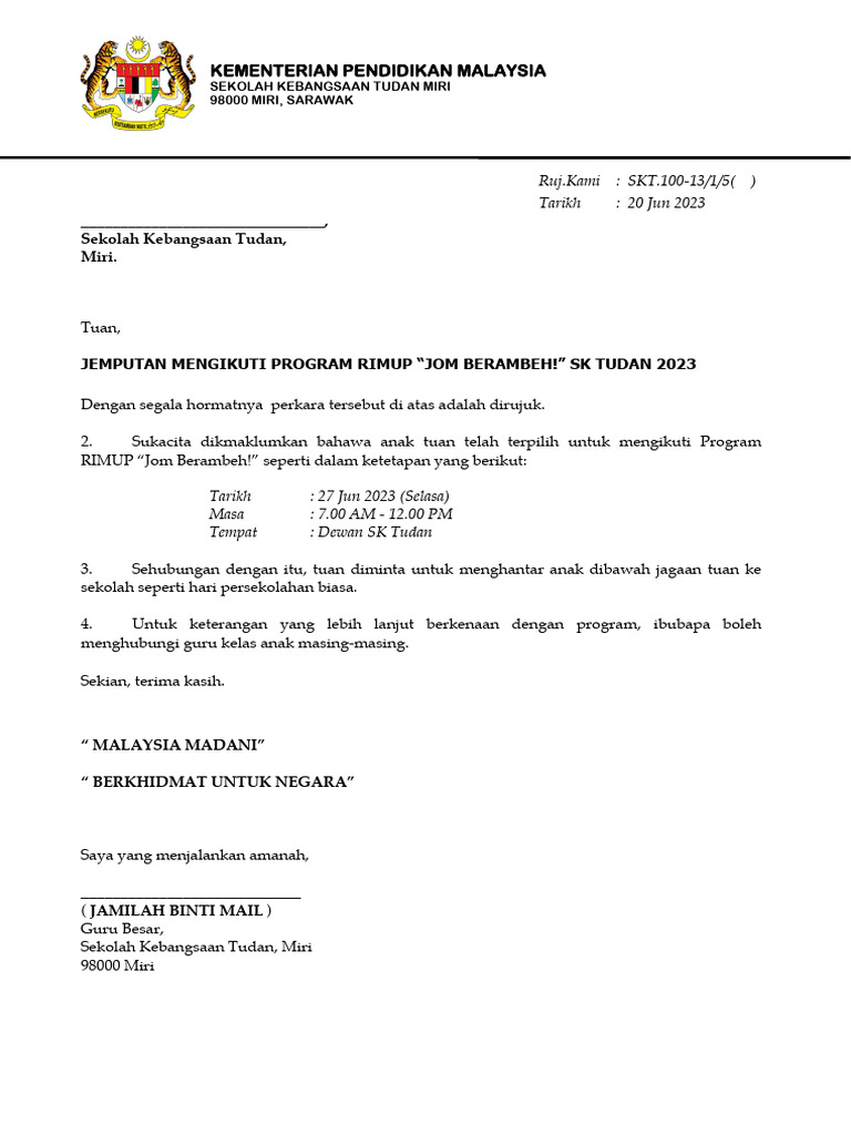 Surat Jemputan Murid Terpilih Program RIMUP 2023 Pagi | PDF