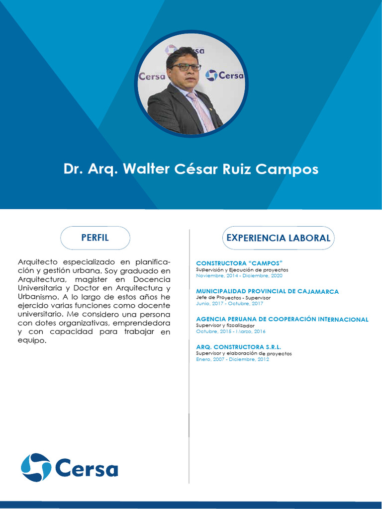 Dr. Arq. Walter César Ruiz Campos: Perfil Experiencia Laboral | PDF