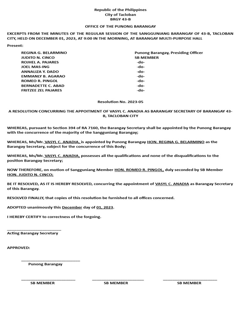 Resolution Appointing Barangay Secretary | PDF
