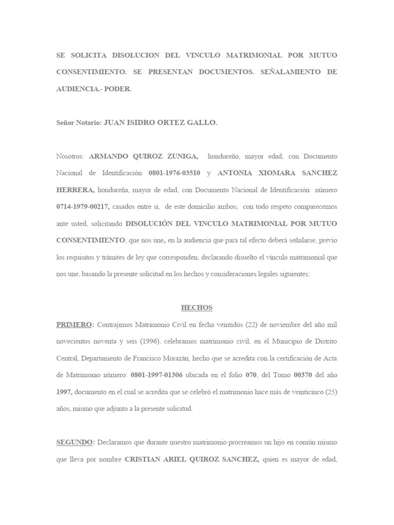 Se Solicita Disolucion Del Vinculo Matrimonial Por Mutuo Consentimiento