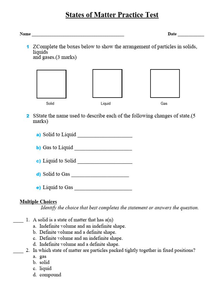 States of Matter Practice Test | PDF | Liquids | Gases