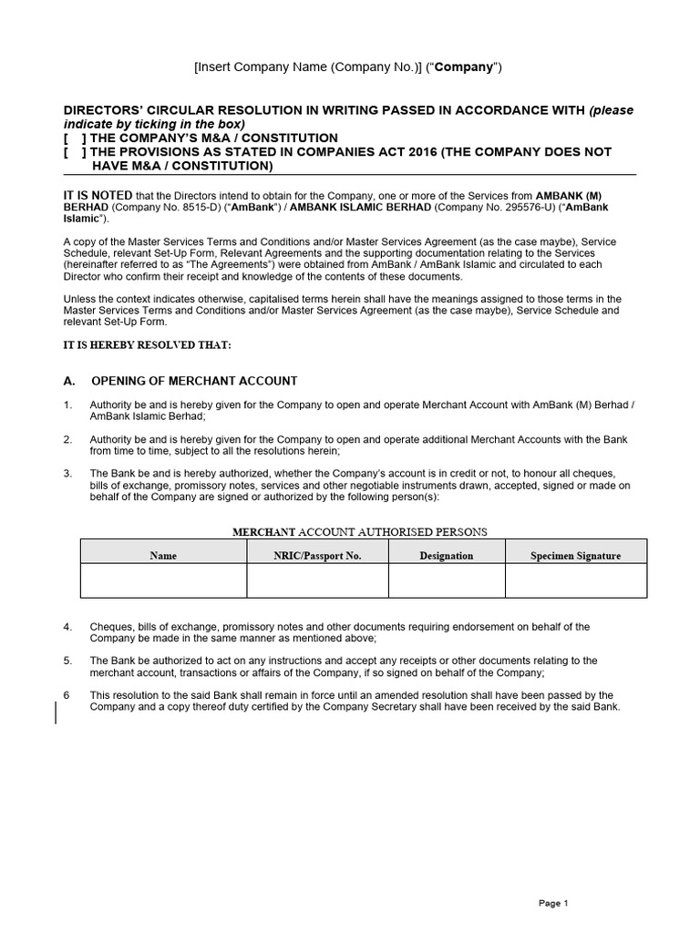 Board Resolution For Merchant Application Only | PDF | Negotiable ...