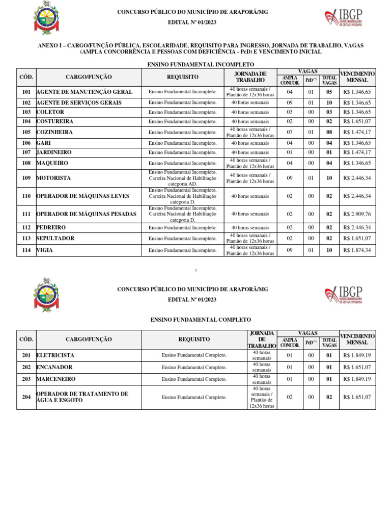 01 - Anexo I - Cargos Escolaridades Jornadas Vagas e Vencimentos | PDF ...