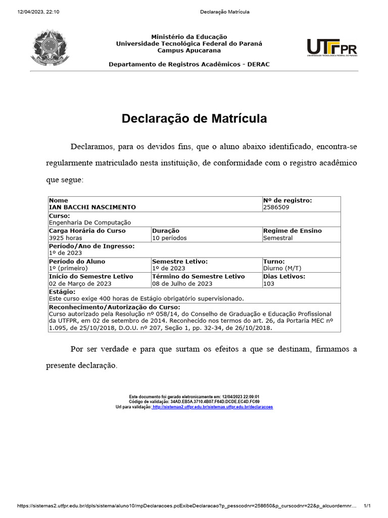 Declaração Matrícula Pdf