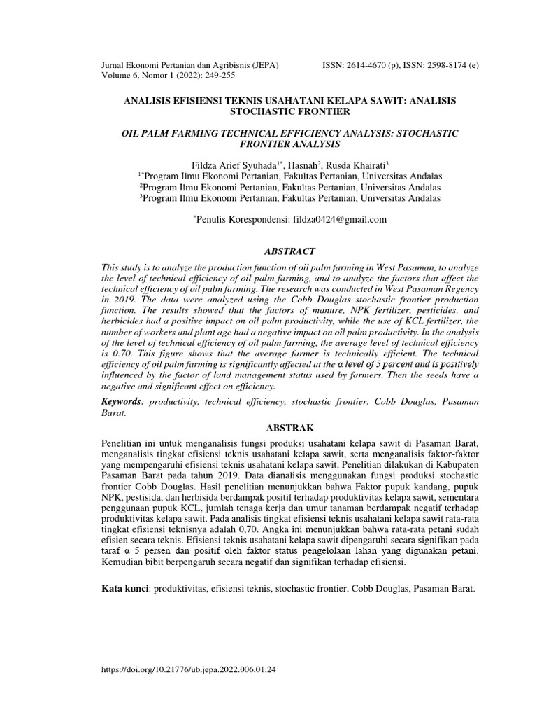 Analisis Efisiensi Teknis Usahatani Kelapa Sawit Analisis Stochastic Frontier | PDF ...