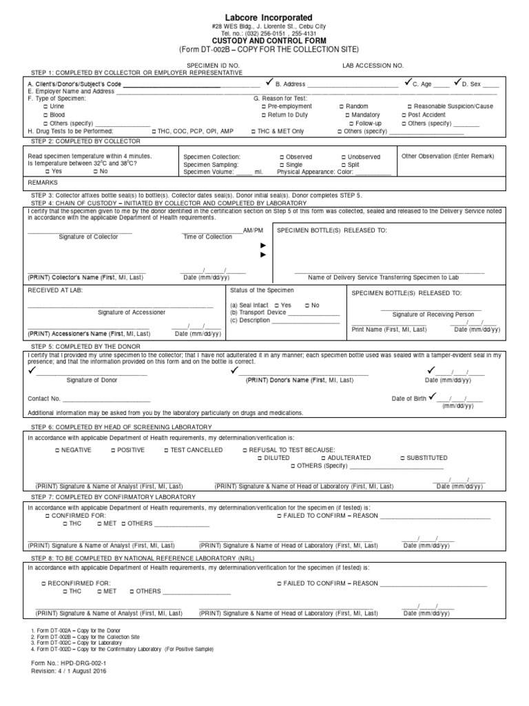 HPD-DRG-002-1 Custody and Control Form (Form DT-002B - Copy For The Collection Site) - WES - Rev ...