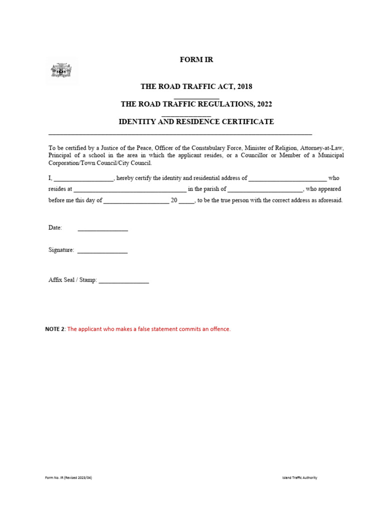 FORM IR IDENTITY AND RESIDENCE CERTIFICATE April 2023 | PDF