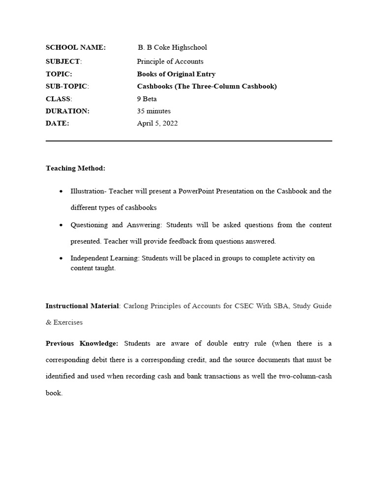 Teaching Practice Lesson Plan Accounts Aaaaaaaaaaaaaaaaaaaaaa | PDF ...