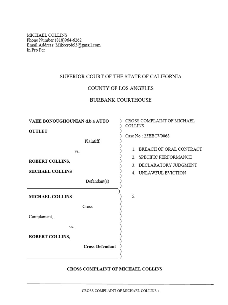 Michael Collins Cross Complaint | PDF | Damages | Individual Retirement ...
