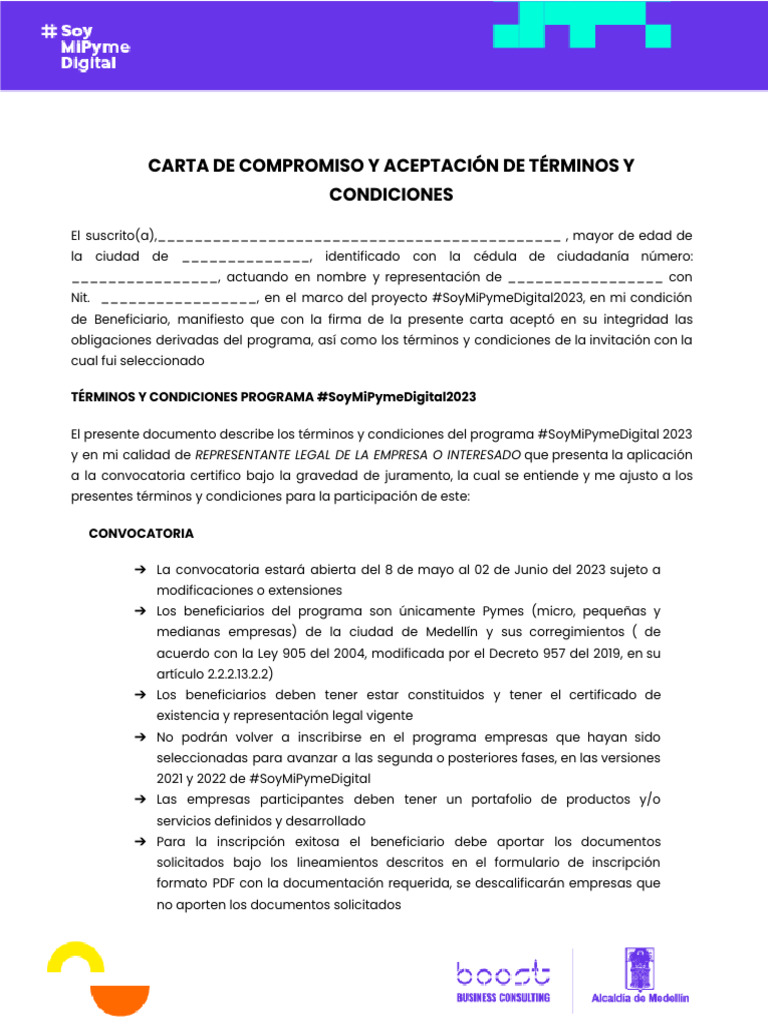 Carta de Compromiso y Aceptacion de Terminos y Condiciones 2023 | PDF | Pequeñas y medianas ...