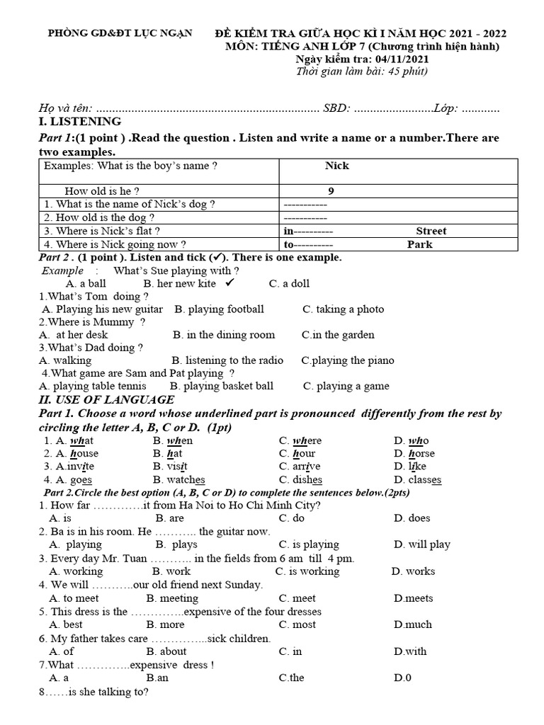 De Giua Ky I Anh 7 Hien Hanh | PDF