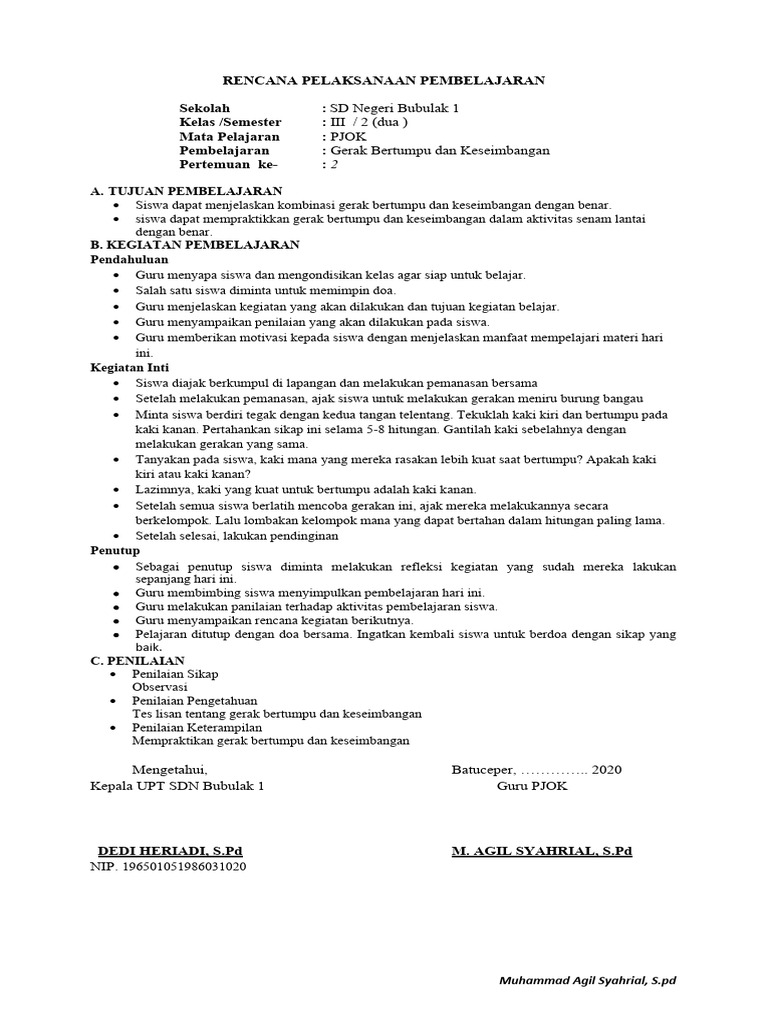 Contoh RPP 1 Lembar Pjok | PDF