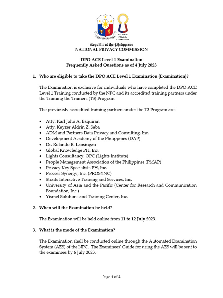 FAQs Re DPO ACE Level 1 Examination As of 4 July 2023 | PDF | Computing