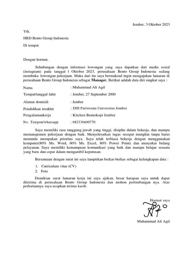 Surat Lamaran & CV Bento | PDF