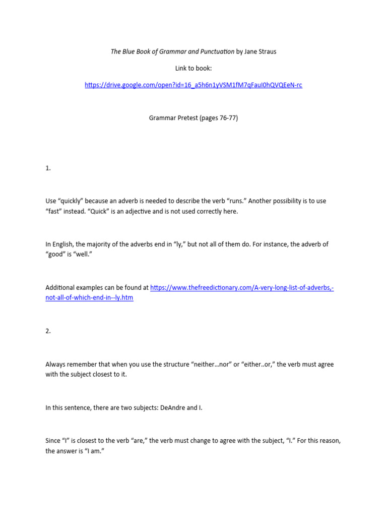 Grammar Pre Test Answers | PDF | Verb | Noun