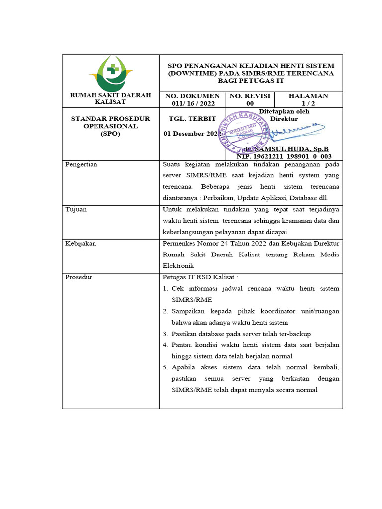 Mrmik 13.1.a Spo Penanganan Kejadian Henti Sistem (Downtime) Pada Simrs Rme Terencana Bagi ...