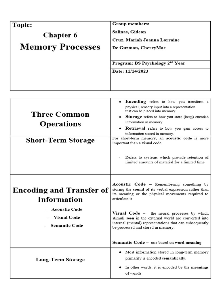 Cognitive Chapter 6 Cornell Notes | PDF | Memory | Recall (Memory)