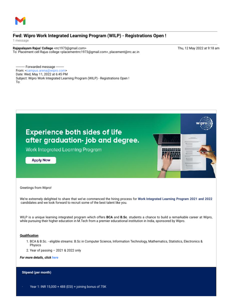 Wipro Work Integrated Learning Program (WILP) - Registrations Open ! | PDF