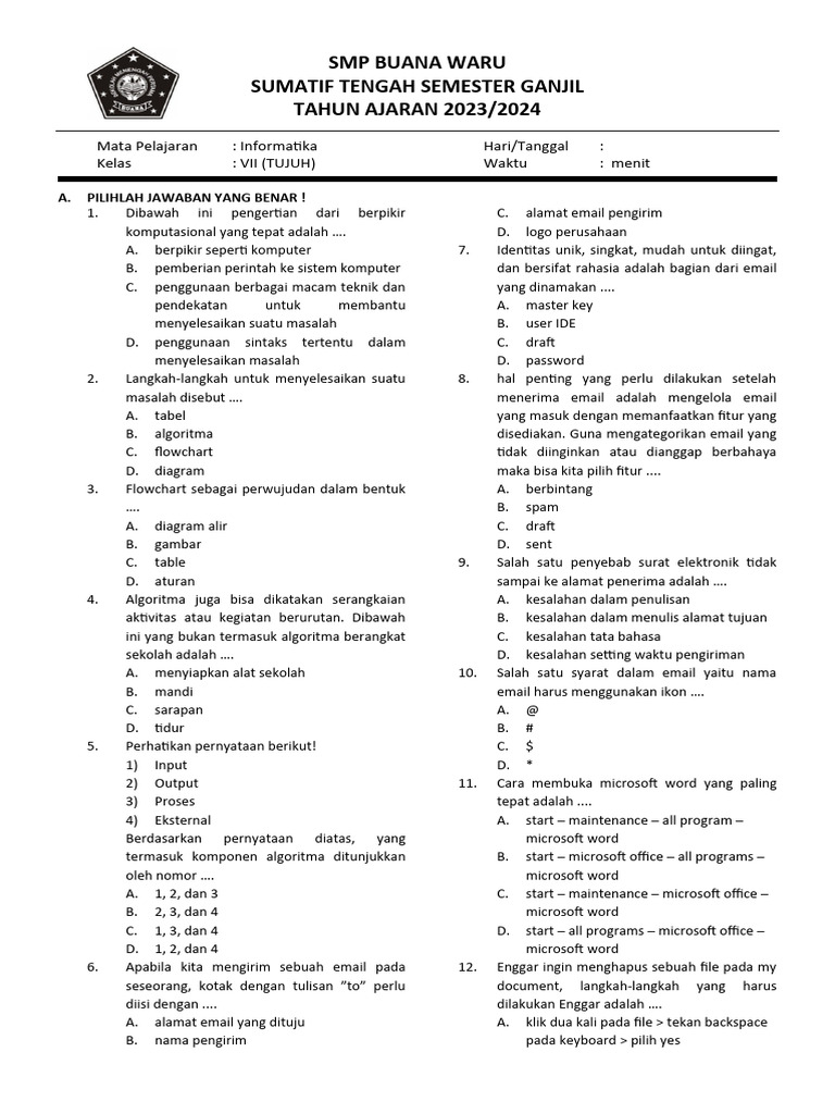 2324 - Format Naskah Soal STS Informatika Ganjil - Kelas 7 | PDF
