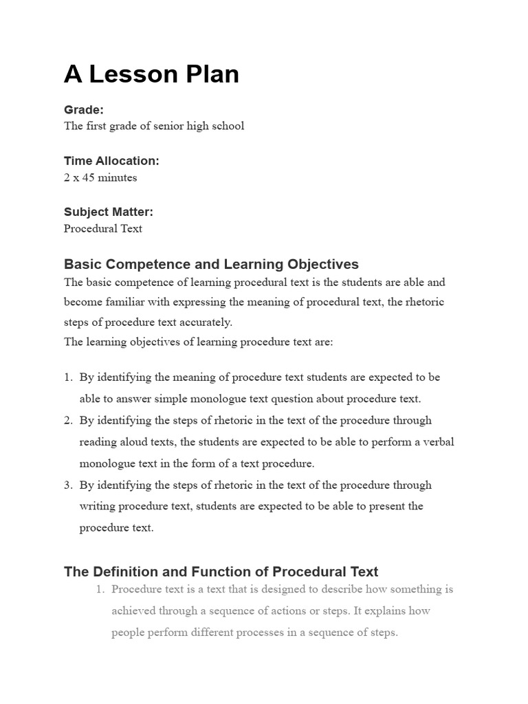 Lesson Plan 0f Procedure Text + Numeracy Amir Muayyin GK | PDF ...