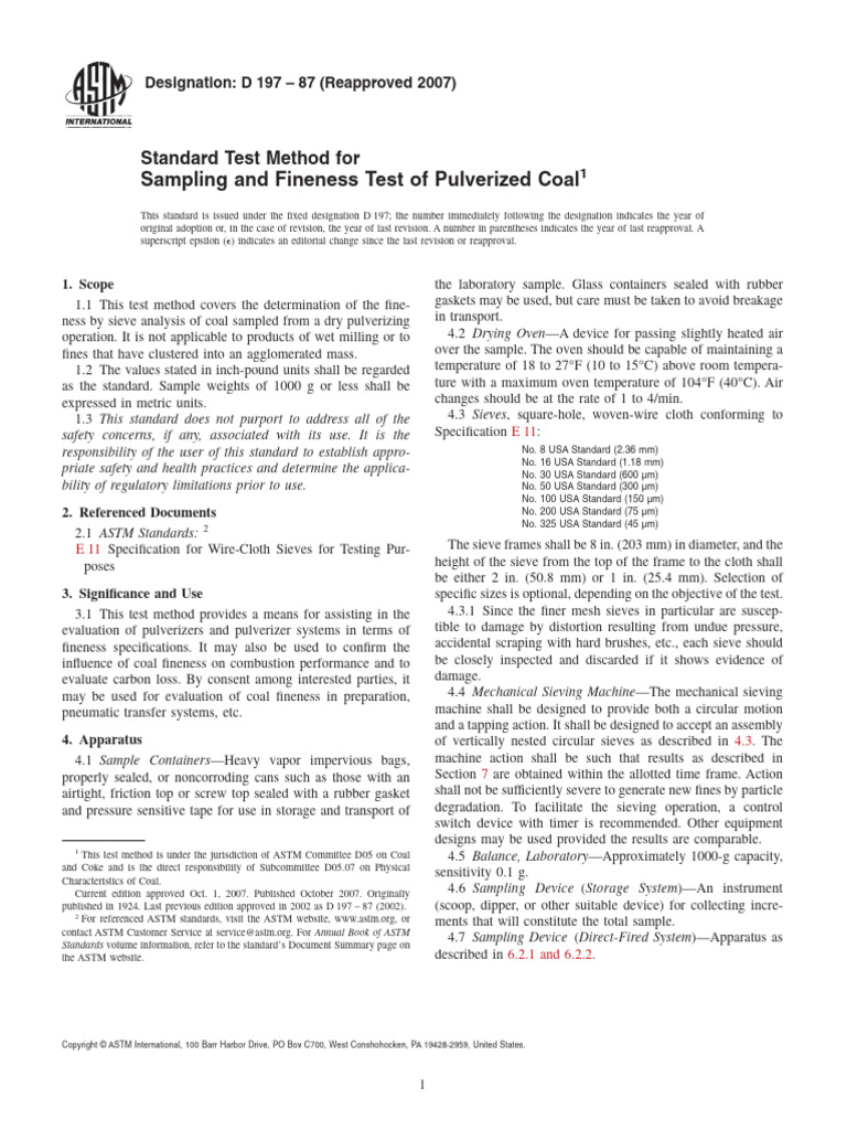 Sampling and Fineness Test of Pulverized Coal: Standard Test Method For ...