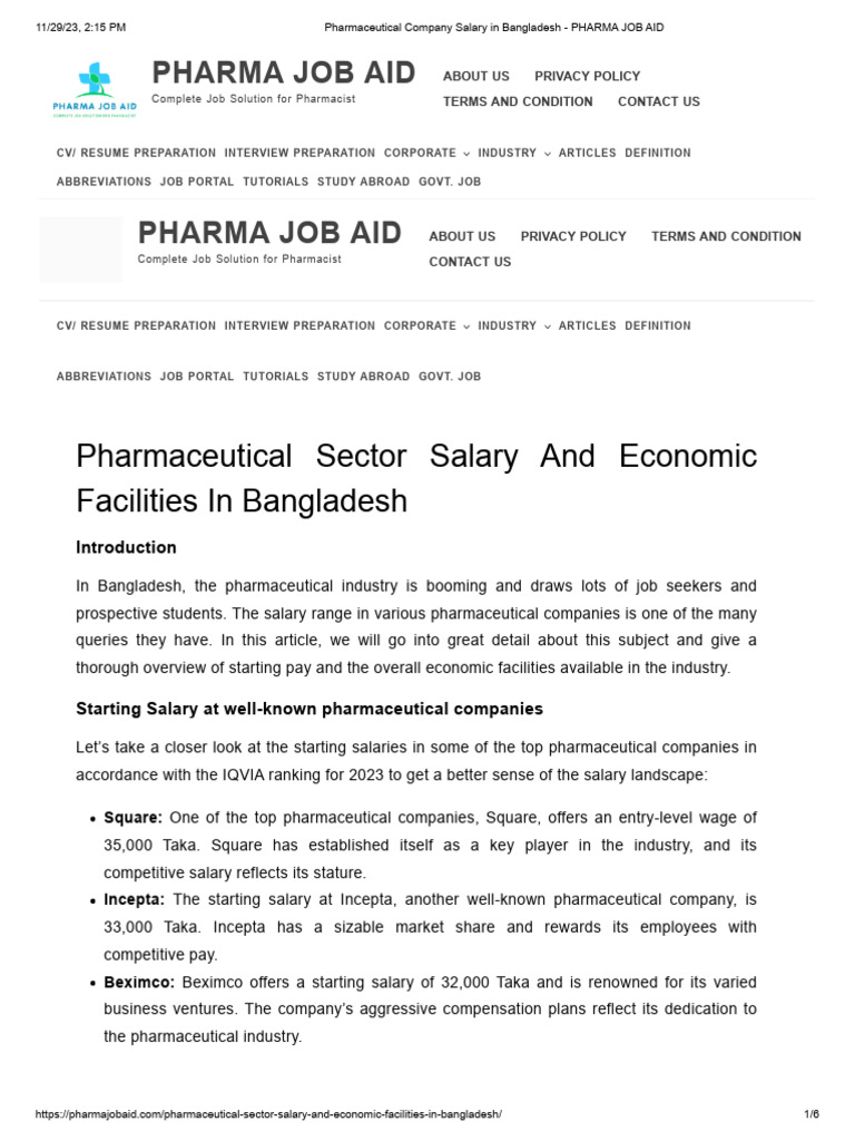 Pharmaceutical Company Salary in Bangladesh - PHARMA JOB AID | PDF | Salary | Employment