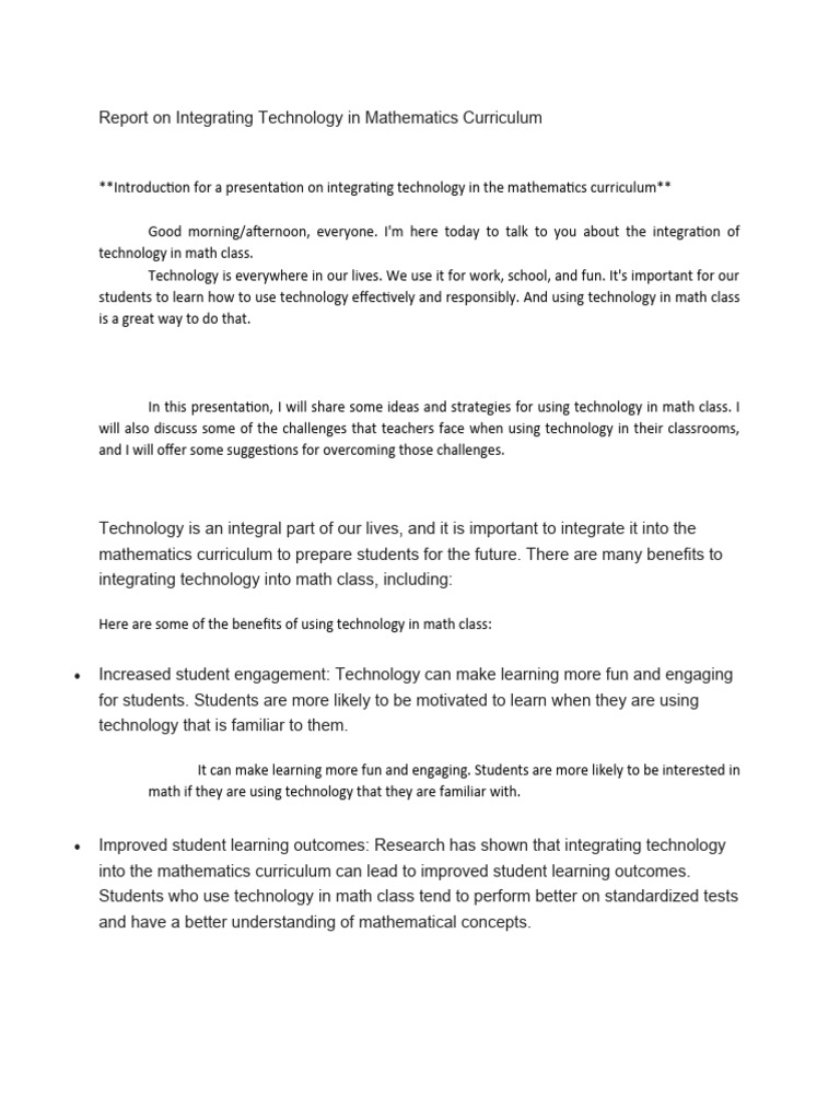 Report On Integrating Technology in Mathematics Curriculum | PDF ...