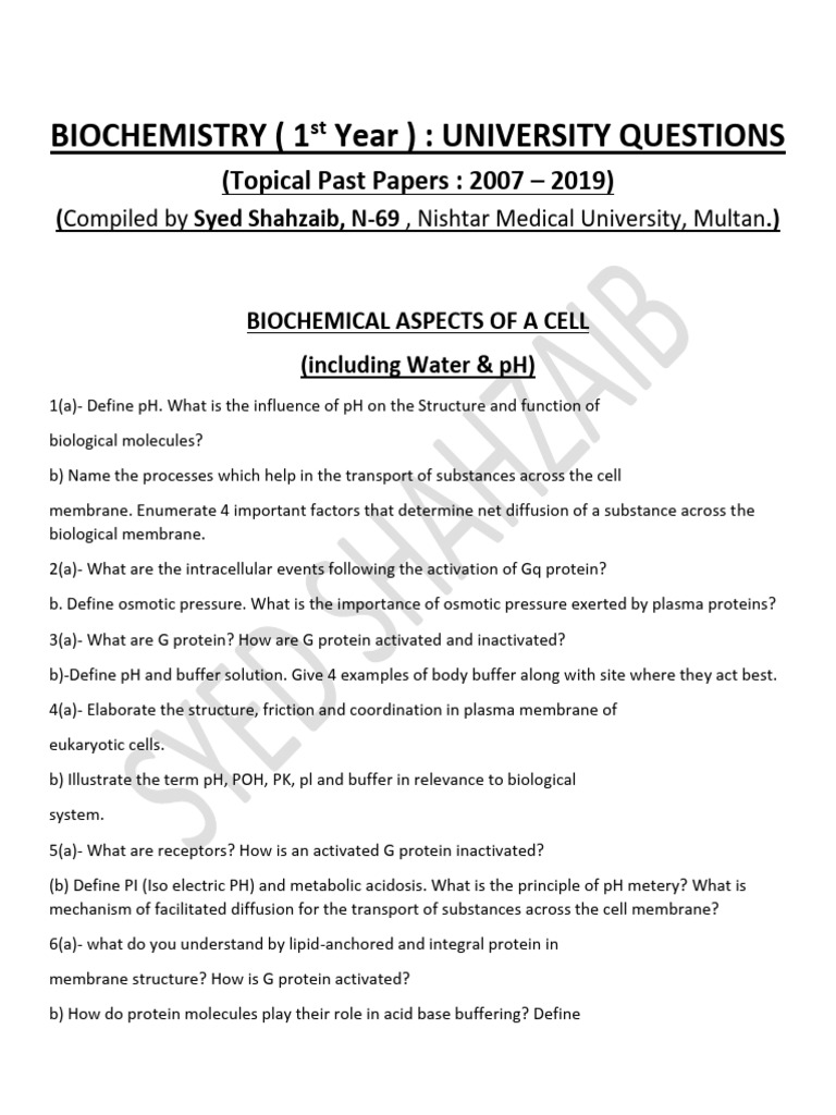 Biochemistry - 1st Year - Topical Papers | PDF | Enzyme | Cell Membrane