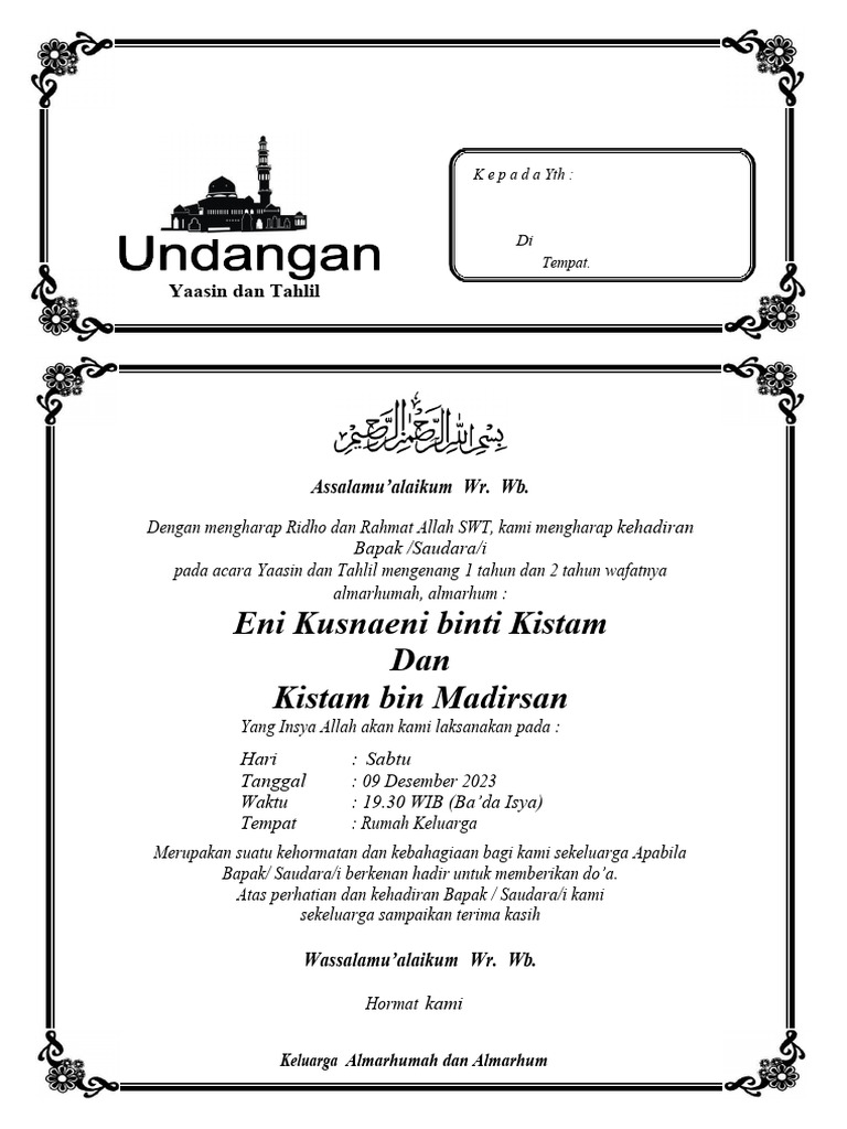 Undangan Tahlilan Mendak 1 | PDF